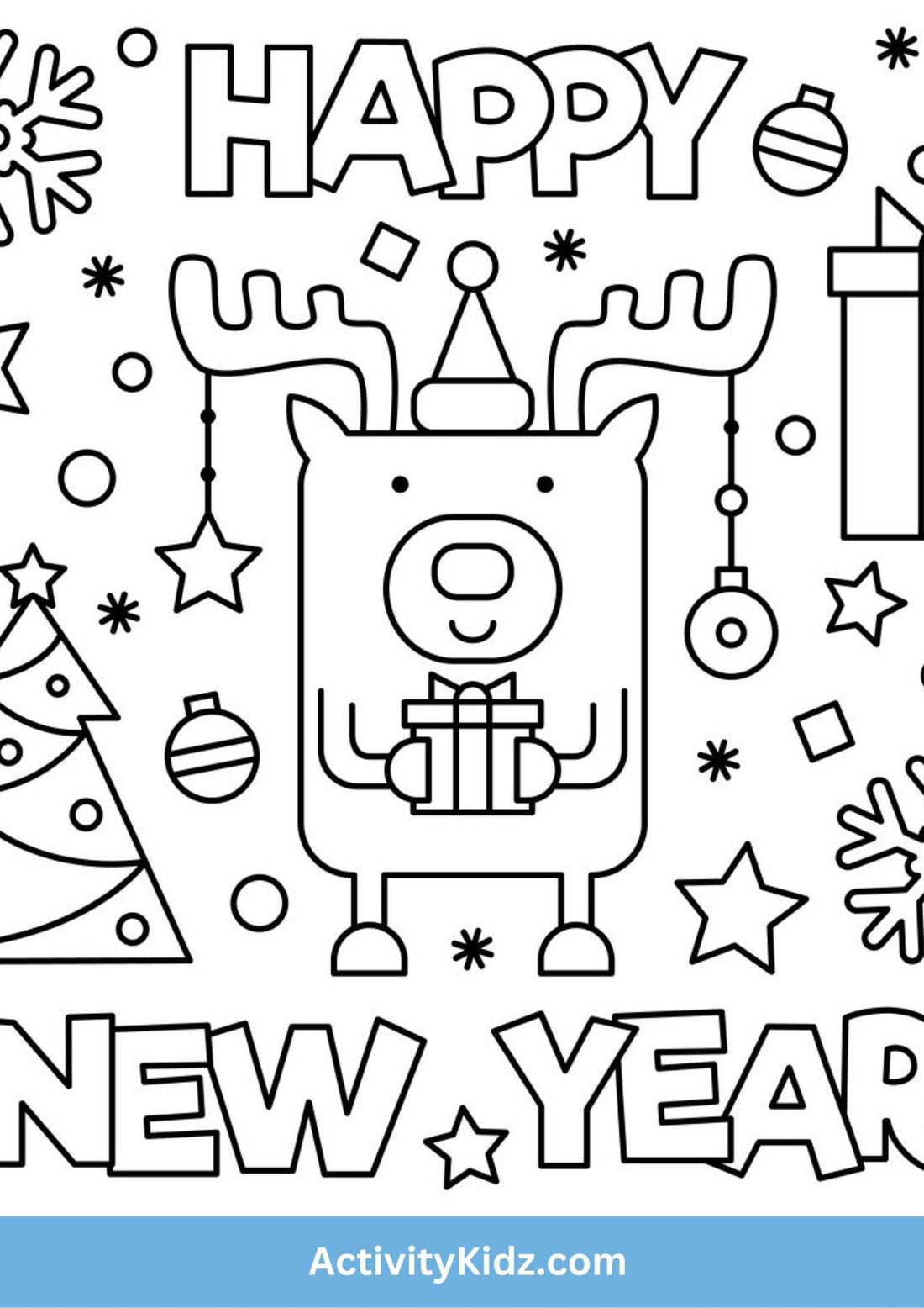 Happy New Year Reindeer Coloring Worksheet- Download FREE Printable ...