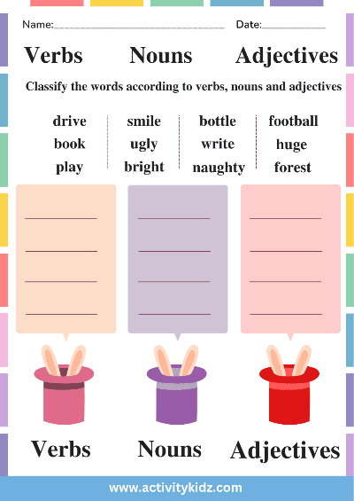 Verbs Nouns Adjectives- Download FREE Printable Worksheets for Kids ...